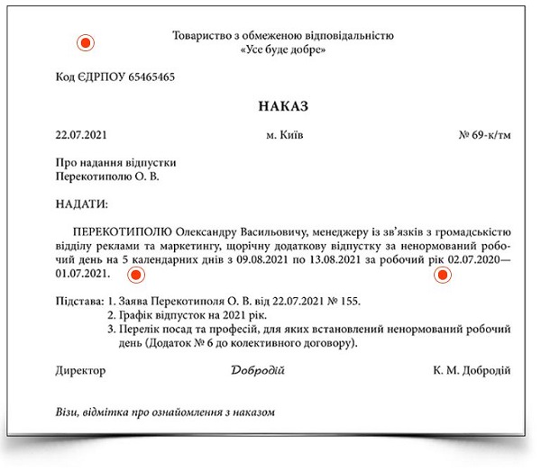 Наказ про щорічну додаткову відпустку за ненормований робочий день